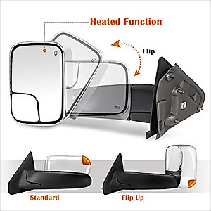 [Pair] Chrome Power Heated Side View Towing Mirrors w/Amber LED Signal Compatible with 02-09 Dodge Ram 1500-3500