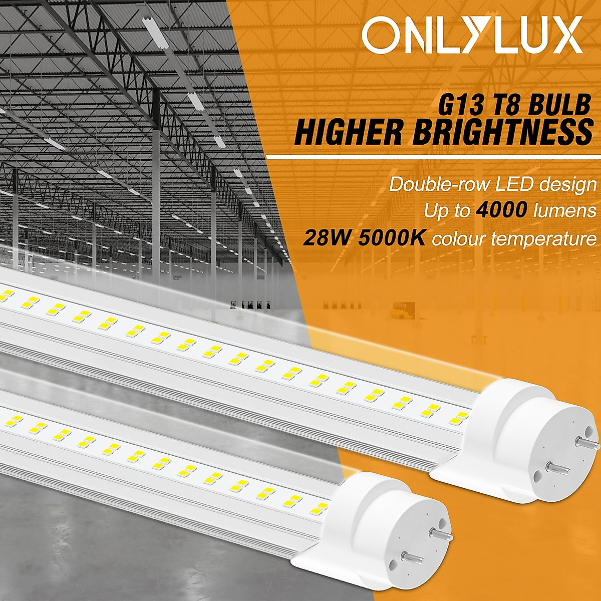 ONLYLUX T8 Led Bulbs 4 Foot - F32T8 28W 4000 Lumens(Super Bright) 5000K, T8 T10 T12 4ft Flourescent Tube Led Replacement, Ballast Bypass, Type B, Dual-End Powered, Daylight 10 Pack
