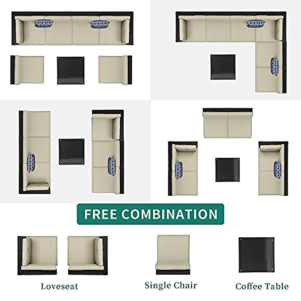 YITAHOME 7 Pieces Patio Furniture Set, Outdoor Sectional Sofa PE Rattan Wicker Conversation Set Outside Couch with Table and Cushions for Porch Lawn Garden Backyard, Black