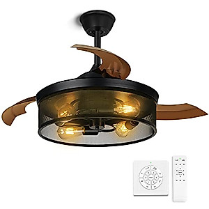 NEWORB 42 Inch Retractable Ceiling Fan with Lights, Reversible 6 Speeds Farmhouse Cage Fans Industrial Hidden Blade Ceiling Fans with Light and Remote, for Living Room, Bedroom, Patio, Black