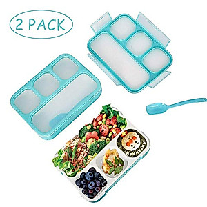 Dporticus 2 Pack Plastic Portable 4 Compartments Leak-proof Bento Lunch Box with Spoon for Adults BPA Free Microwave Safe,Blue