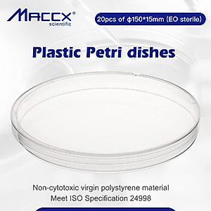 Maccx Sterile Plastic Petri Dishes with Lid, 20 PCS of Dia.150mm*15mm Clear Petri Plate, with 3 Vents for Classroom, Laboratory, Science Party, PPD150-020