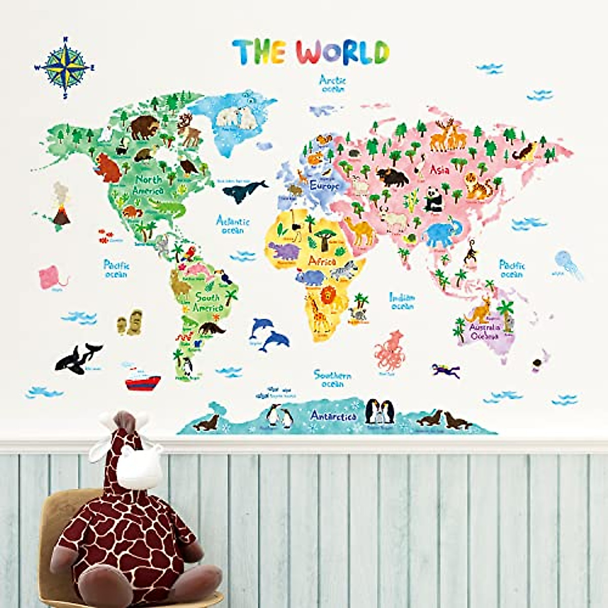 DECOWALL BS-1615S Animal World Map Kids Wall Stickers Wall Decals Peel and Stick Removable Wall Stickers for Kids Nursery Bedroom Living Room (Large) décor