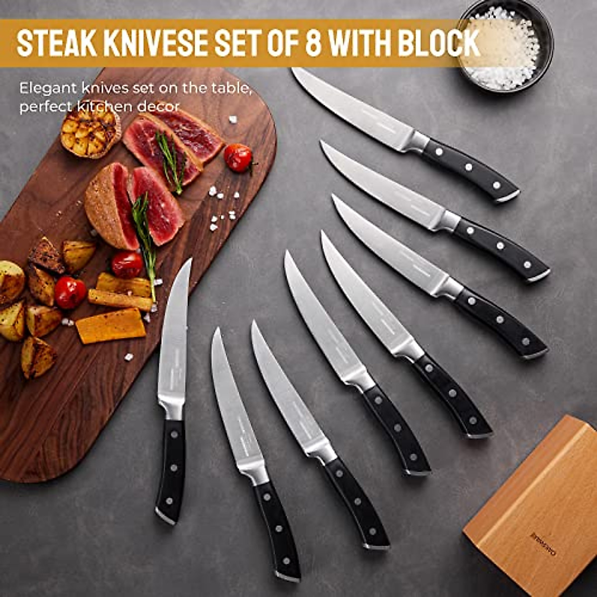 OAKSWARE Steak Knives Set of 8 with Block, 5 inch Non Serrated Steak Knife Set, 8 Pieces Professional Straight Edge Kitchen Table Dinner Knives - Forged German Steel - Full Tang Handle