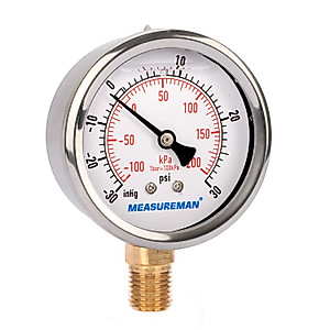 MEASUREMAN 2-1/2" dial,Glycerin Filled, Stainless Steel case, Brass Inside, 30inHg/-100kpa-0-30psi/200kpa,1/4"NPT Lower Mount