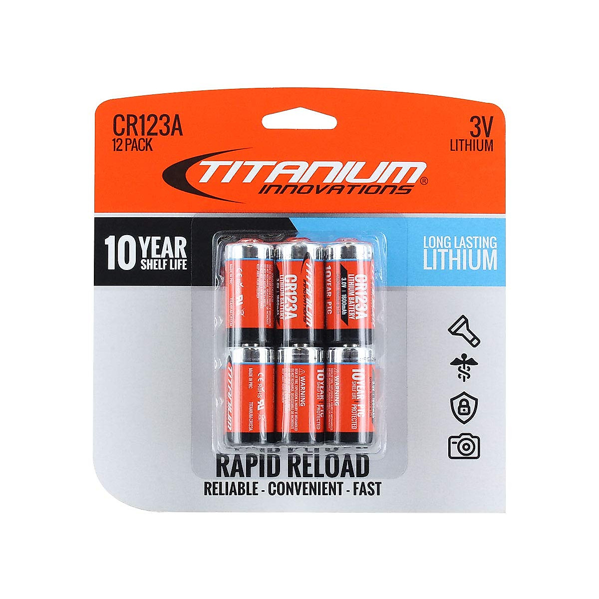 TITANIUM INNOVATIONS CR123A 3V Lithium Battery, Shrink Wrapped in Pairs (12 Card)