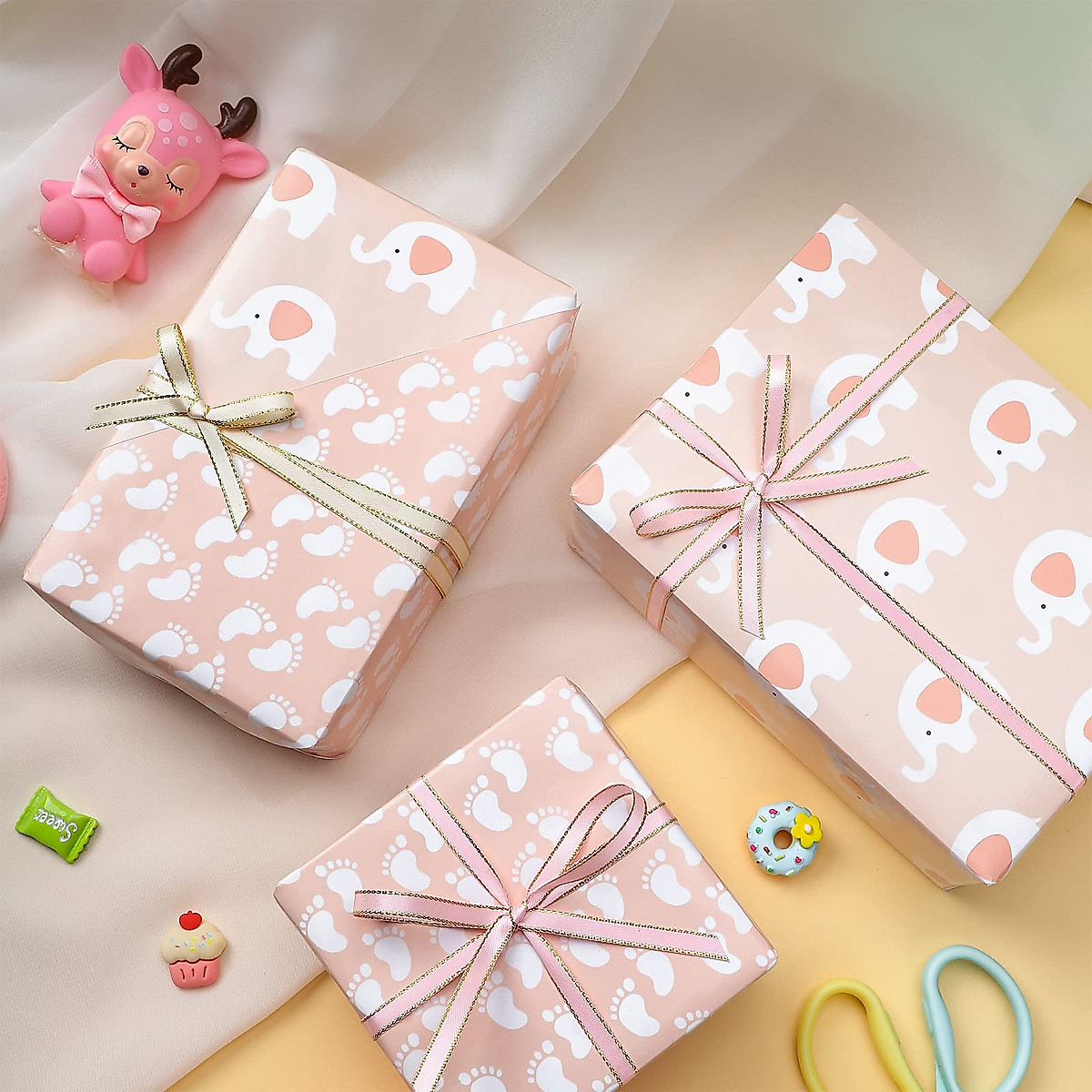 LeZakaa Reversible Pink Baby Shower Wrapping Paper Roll, Elephant & Footprint in Pink for Baby Shower, Baby Girl's 1st Birthday, Newborn Party, Mini Roll, 17 inches x 32.8 Feet