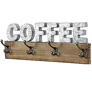 MyGift Wall Mounted Rustic Burnt Wood Coffee Mug Rack with 4 Dual Hooks and Galvanized Silver Metal Coffee Cutout Design, Wall Hanging Cup Holder