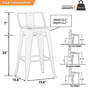 Yongchuang 24" Metal Barstools Set of 4 Counter Bar Stools with Wood Top Low Back Matte Black