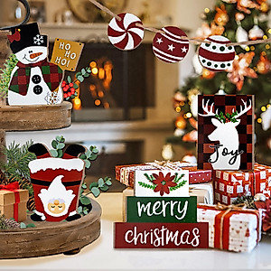 Guoofu Christmas Tiered Tray Decor, Farmhouse Xmas Santa Claus Snowman Tray Decorations Set, Red Buffalo Plaid Elk Candy Wooden Signs, Winter Holiday Home Decor for Tabletop Shelf Mantel