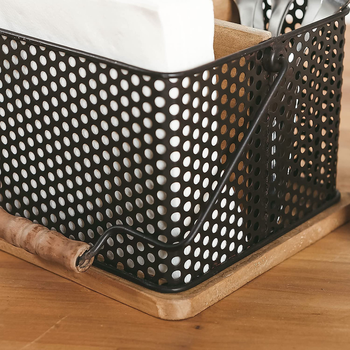 NIKKY HOME Utensil Caddy, Black Metal Caddy with 3 Compartments, Mesh Flatware Holder Organizer with Wooden Handle Perfect for Home, Kitchen, Countertop, Party, Camping, Outdoor and Restaurant