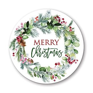 2" Round Greenery Wreath Merry Christmas Stickers (40 Labels)