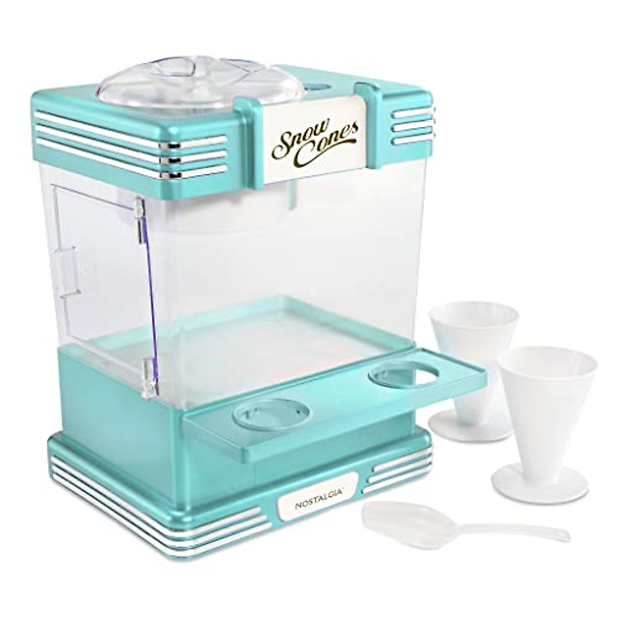 Nostalgia RSM602 Countertop Snow Cone Maker Makes 20 Icy Treats, Includes 2 Reusable Plastic Cups & Ice Scoop, Aqua, 17.3x10.0x13.5