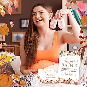 Thanksgiving Diaper Raffle Tickets, Fall Pumpkin Baby Shower Raffle Tickets for Gender Reveal Party Games, Autumn Baby Shower Decorations, 1 Sign & 50 Guess Cards-A04