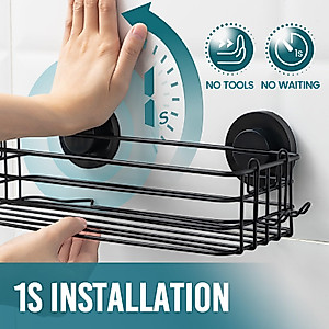 TAILI Shower Caddy Suction Cup 2 Pack with Hooks & Soap holder, Heavy Duty Shower Organizer for Bathroom, No Drilling Black Shower Shelves for Inside Shower, Black Metal Shower Holder