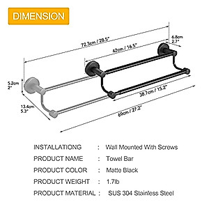 BESy Adjustable 16.5-28.5 Inches Double Bath Towel Bar for Bathroom SUS304 Stainless Steel Towel Holder, Hotel Style Wall Mount with Screws Hand Towel Bar，Towel Rack Rod Hanger, Matte Black Finish