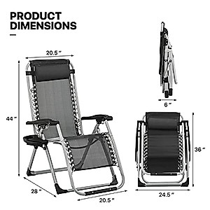 MoNiBloom Reinforced Zero Gravity Chair, Folding Pool Beach Lounger, Portable Tanning Chaise with Cushion, Headrest and Side Tray - Black
