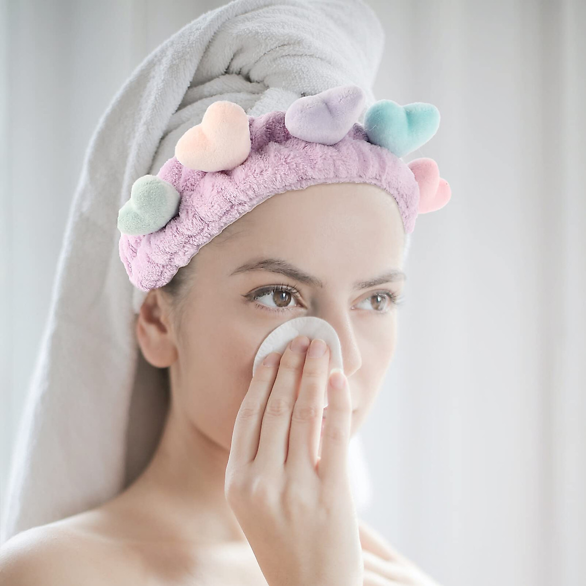 Luxshiny Elastic Hair Ties 2pcs Elastic Makeup Headband, Plush Spa Headband Heart Face Wash Headband for Makeup Washing Makeup Headband