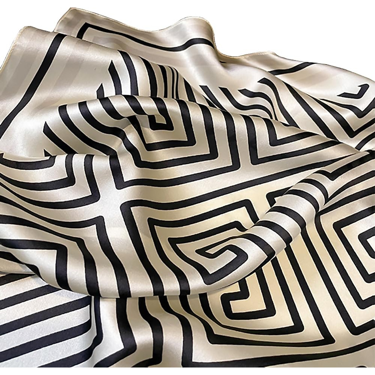 JERLA 100% Pure Mulberry Silk Square Scarf for Hair-26''x26'' Women Men Natural Silk Neckerchief Headscarf (Cream white and black geometry stripe)
