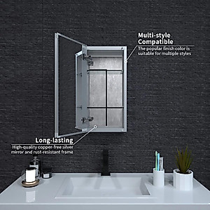 Liviza 12 in.W x 24 in.H Frameless Wall Recessed or Surface-Mount Bathroom Medicine Cabinet with Beveled Single Mirror, Built-in 3-Tier Glass Shelf, Copper-Free Silver Mirror, Silver Aluminum Frame