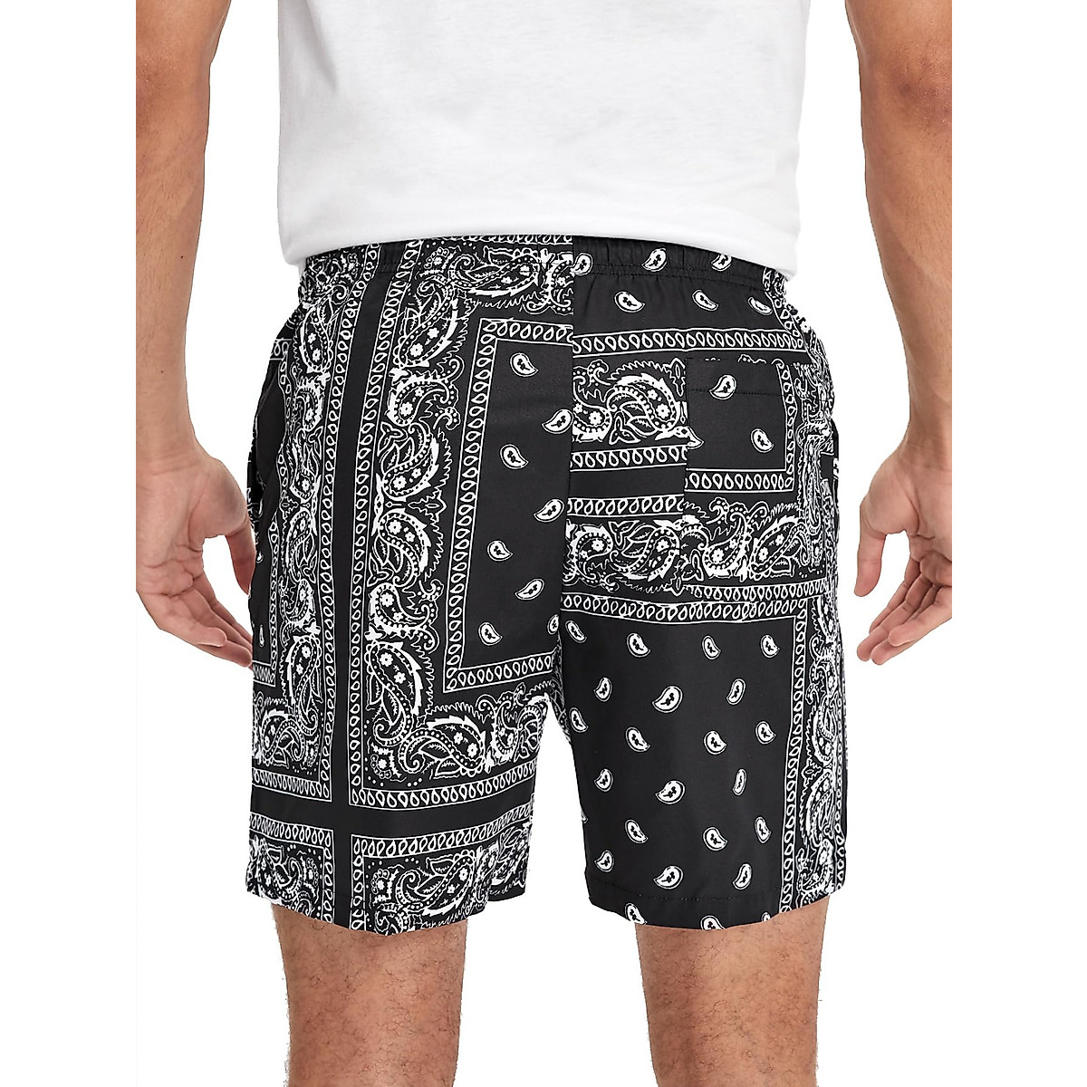 Floerns Men's Boho Tribal Print Drawstring Waist Summer Shorts with Pocket Black & White Paisley S