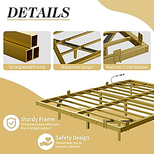 LUXOAK Full Size Floating Bed Frame with RGBW LED Light, Modern Metal Bed Frame with Steel Slat Support/Heavy Duty/No Box Spring Needed/Noise-Free, Gold