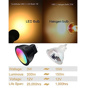 Noobibaba MR11 LED Bulb Color Changing GU4 LED Bulb MR 11 LED Landscape Light Bulbs 3W 12V Bi-Pin Base Warm White RGB Colors (2 Bulbs and a Remote)