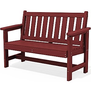 SERWALL Outdoor Bench, HDPE Outdoor Benches Weatherproof, 2-Person Garden Bench with 660 lbs Weight Capacity, Patio Benches for Outdoors, Garden, Porch, Backyard and Park, Red