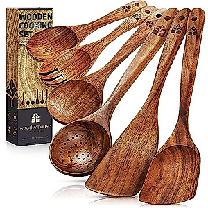 Wooden Spoons for Cooking – Wooden Kitchen Utensils Set, 6 Pcs Teak Wood Utensil Set – Comfortable Grip Non–Stick Wooden Cooking Utensils – Nonstick Natural and Healthy Kitchen Cookware