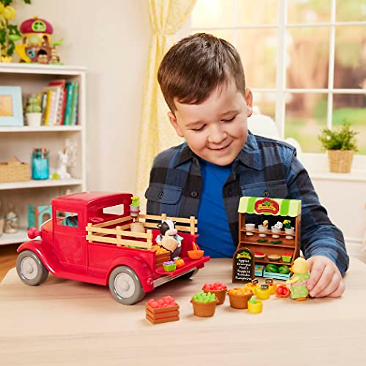Li’l Woodzeez – Market Truck Playset with 2 Posable Doll Figures – Doll Playset Includes Animal Characters, Toy Truck, Miniature Food & Accessories – Pretend Play Gift Toy for Kids Age 3+