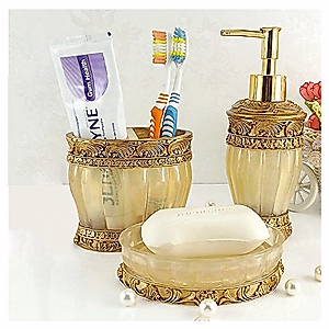 LUANT Vintage Golden Bathroom Accessories, 5Piece Bathroom Accessories Set, Bathroom Set Features, Soap Dispenser, Toothbrush Holder, Tumbler & Soap Dish - Golden Glossy - Bath Gift Set