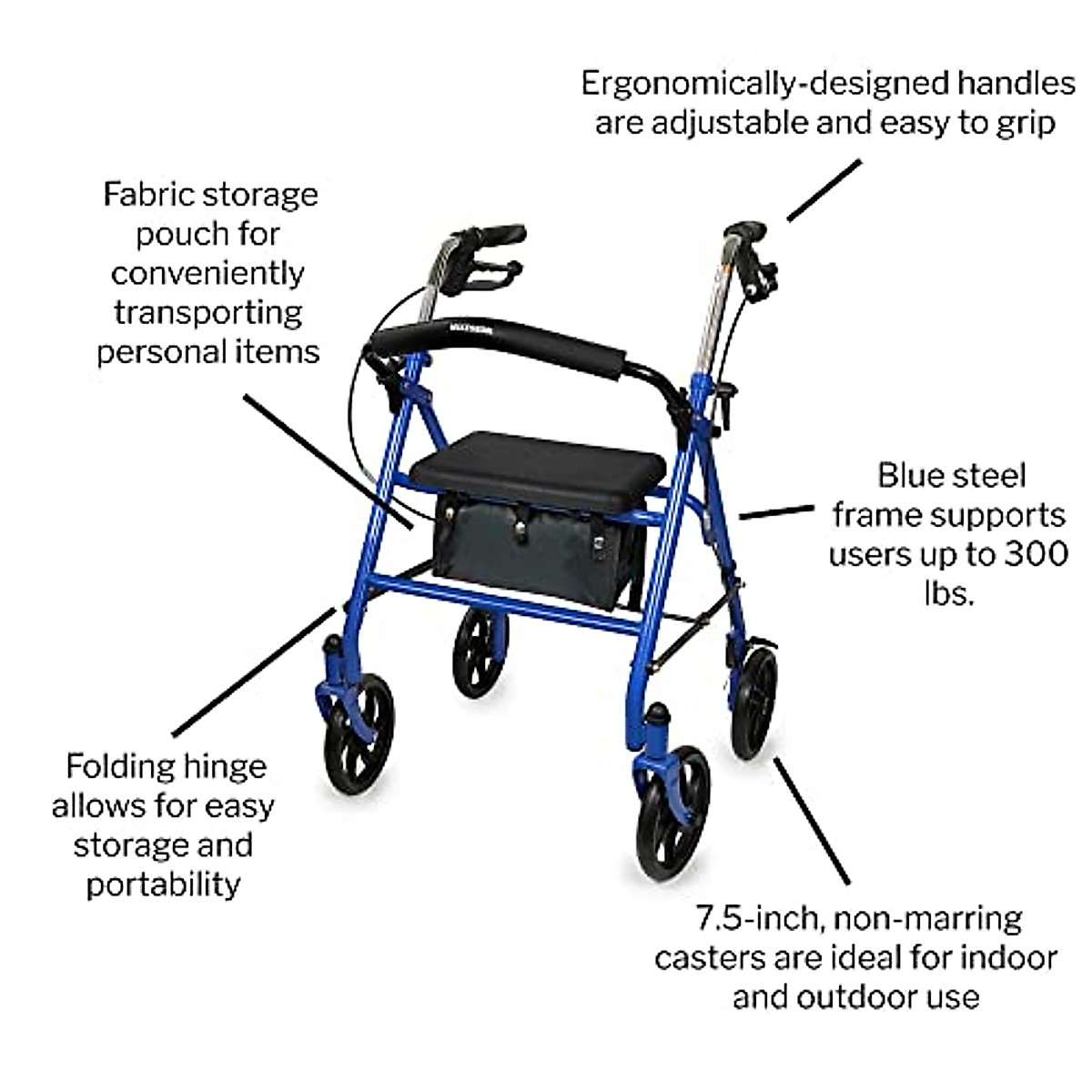 McKesson Rollator Walker with Seat and Wheels, Steel, 300 lbs Weight Capacity, Blue, 1 Count