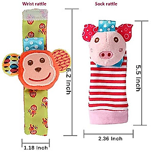 ThinkMax Wrist Foot Rattles for Baby, 8 Pcs Soft Animal Wrist Rattles and Foot Finder Socks - Elephant, Monkey, Piggy and Puppy