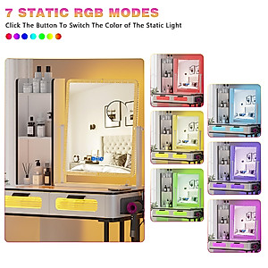 MDGC RGB Make Up Vanity with Wireless Charging Station,7 Dynamic&7 Static Dimmable Vanity Desk with Swivel Mirror and Lights,Makeup Vanity Table with Stool,5 Drawers,Glass Top,Open Shelf