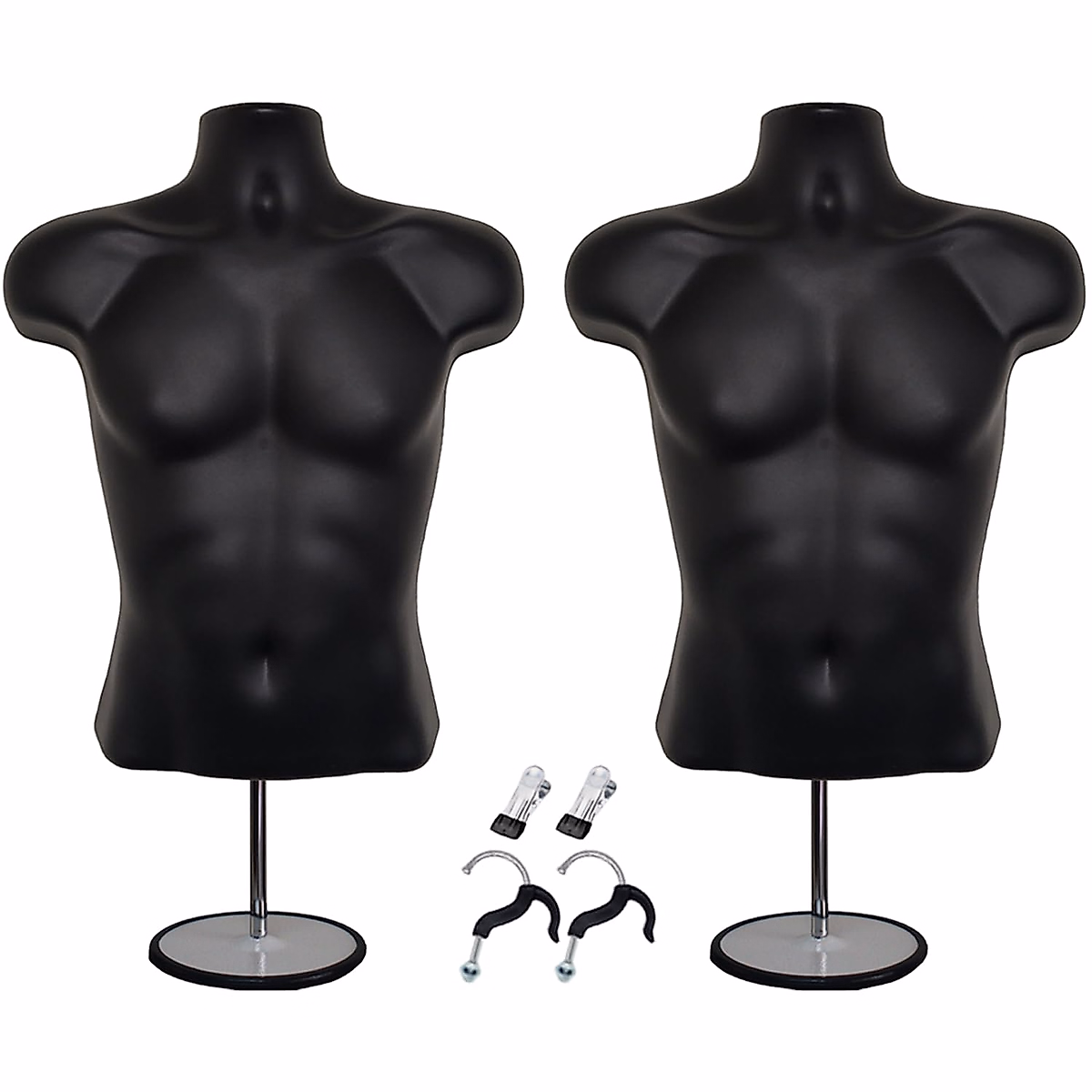 DisplayTown 2 Black Male Mannequin Hollow Back Body Torso Set w/ Clothes Clips, Metal Stands and Metal Poles & Hanging Hooks, S-M Sizes