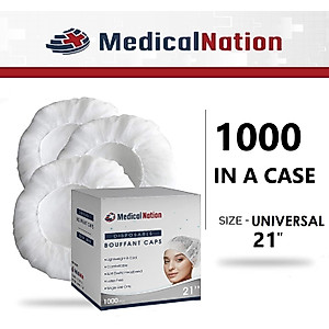 Medical Nation 21" Disposable Bouffant Caps |CASE OF 1000, WHITE| Hairnets, Non-Woven, Non-Pleated Head Hair Covers |For Medical, Labs, Nurse, Tattoo, Food Service, Hospital, Cooking - Size 21" White