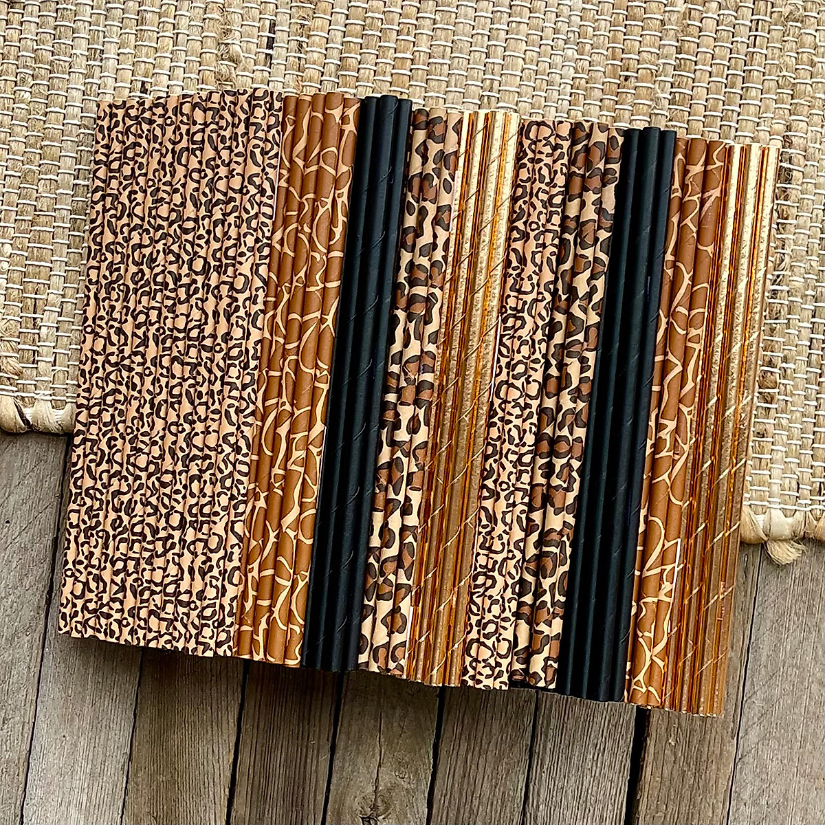 Bulk Animal Print Paper Straw Pack - Brown Black - Jungle Safari Theme - Leopard Giraffe Cheetah - 250 Pack Outside the Box Papers Brand