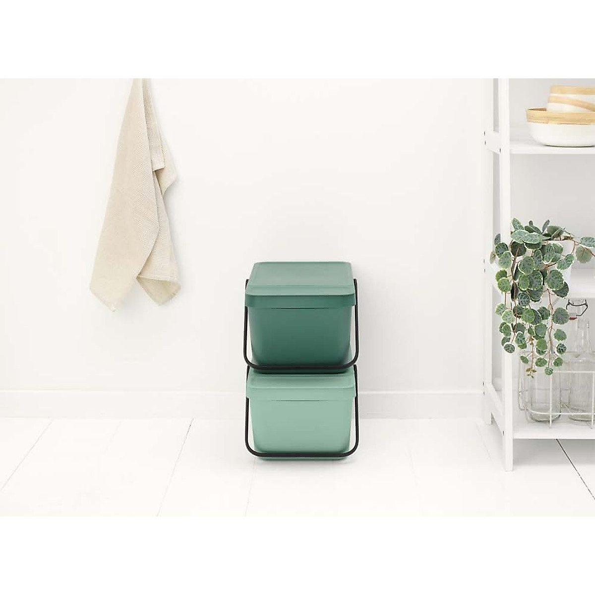 Brabantia Sort & Go Stackable 5.3 Gallon Recycling Wastebasket (Fir Green) Flat Top Trash Can with Carry Handle, Storage Bin, Paper Basket - 11 x 17.7 x 8.9 inches