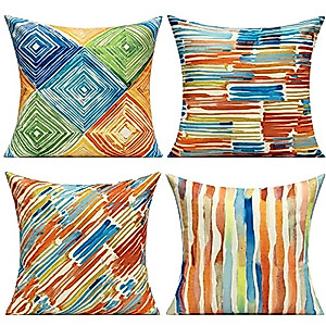 WOKANI Outdoor Colorful Pillow Covers Striped Geometric Diamond Triangle Modern Art Square Decorative Cushion Covers Home Décor for Bedroom Sofa Couch Patio 16x16 Set of 4