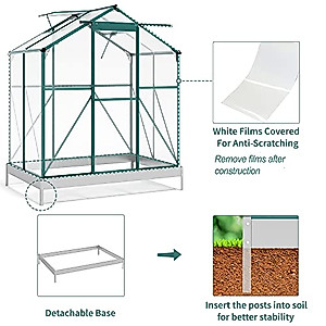 OPTOUGH 6.2x4.3x7.4 FT Polycarbonate Greenhouse with Sliding Door, 2 Vent Window and Base, Walk-in Greenhouse Storage Shed Sunroom Aluminum Hot House for Outdoor Garden Backyard, Green