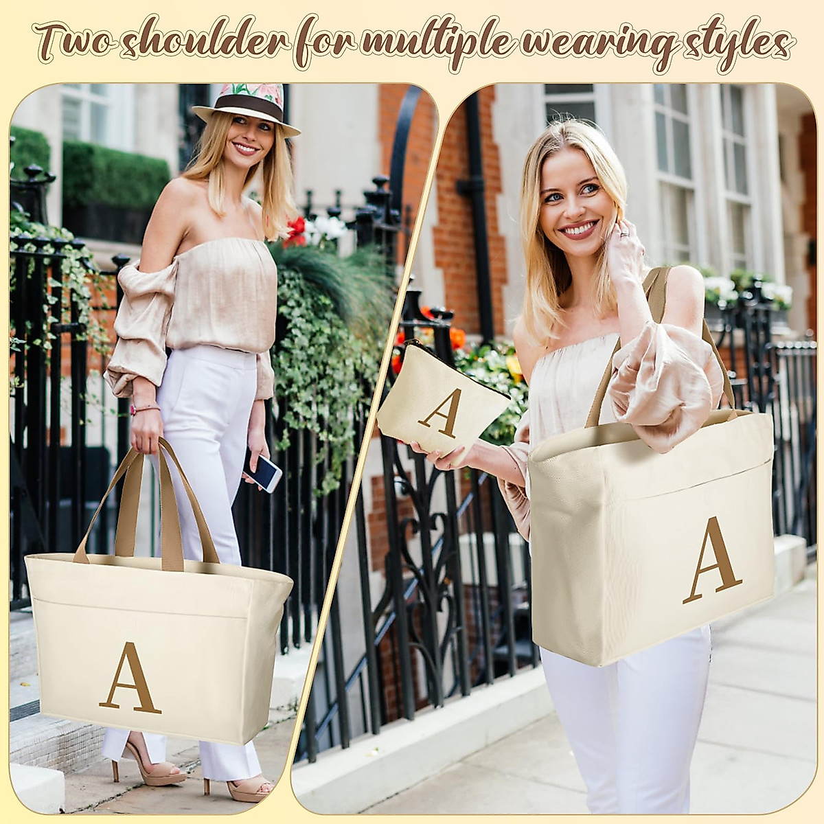 TRSODD Birthday Gifts for Women w Makeup Bag, Ini-tial Can-vas Tote Bags, Personalized Customized Bride Wedding Sister Couple Unique Gifts, Mono-gram Travel Beach Bag w Inner Pocket Card Gift Box B