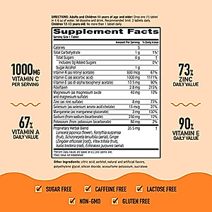 Airborne 1000mg Vitamin C with Zinc, SUGAR FREE Effervescent Tablets, Immune Support Supplement with Powerful Antioxidants Vitamins A C & E - 30 Fizzy Drink Tablets, Zesty Orange Flavor