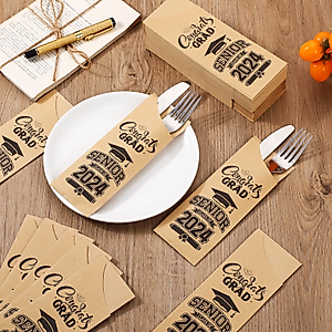 Ireer 100 Pcs Class of 2024 Graduation Paper Silverware Bags Utensil Holder for Graduation Party Supplies Pocket Sleeves for College Senior High School Congrats Grad Table Centerpiece Decor (Brown)
