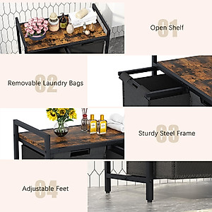 Huhote Laundry Hamper, double Laundry Basket, Laundry Sorter with Top Shelf & 2 Removable Washable Bags & Side Pockets for Laundry Room organization, Bathroom and Dorm, Rustic Brown and Black.