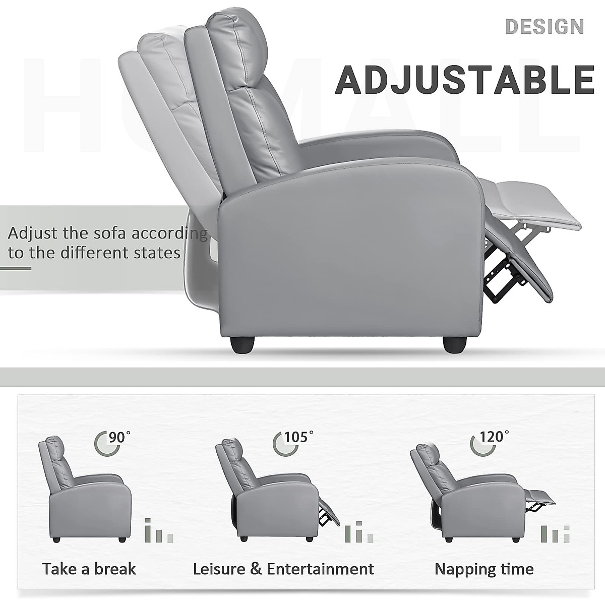 Homall Recliner Chair, Recliner Sofa for Adults, Recliners Home Theater Seating with Lumbar Support, Reclining Sofa Chair for Living Room (Leather, Grey)