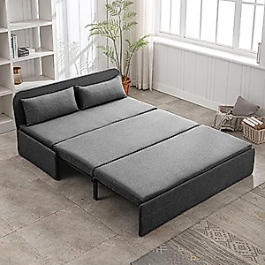 Mjkone Pull Out Sofa Bed, 2-in-1 Modern Pull Out Linen Sleeper Sofa Couch, Queen Size Revesible Couch Bed with Cushions&Throw Pillows for Small Place/Apartment/Living Room/Office/Studio (Dark Gray)