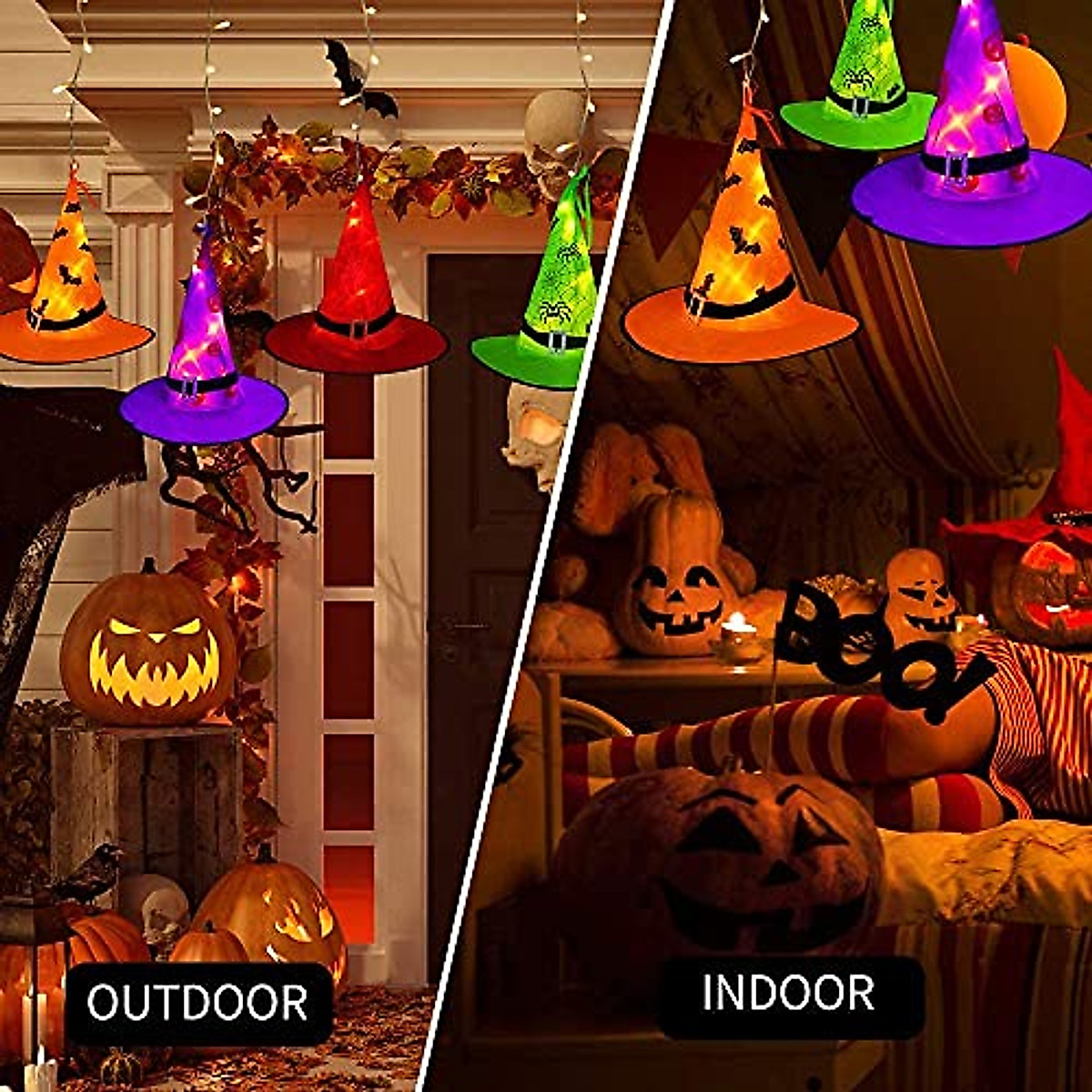 MZD8391 Halloween Decorations Lighted Witch Hats, 8Pcs Hanging Glowing Witch Hats 44ft Halloween Outdoor Lights String with 8 Lighting Modes for Outdoor, Garden, Yard, Tree