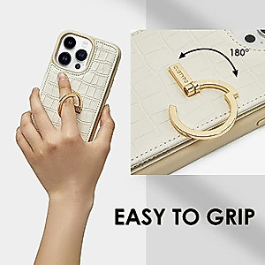 CUSTYPE for iPhone 13 Pro Max Wallet Case with Card Holder,PU Leather Protective Case with Ring Holder Kickstand Card Slots Case for Women and Men for iPhone 13Pro Max 6.7"-Beige