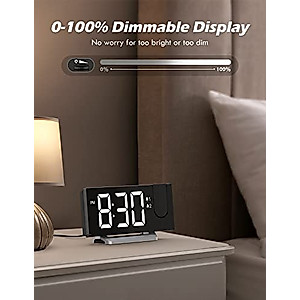 Projection Alarm Clock with FM Radio, USB Charging Port, 0-100% Dimmer, Dual Alarms, HD LED Display, 30 Preset Stations, Sleep Timer, 5 Alarm Sounds, Snooze, Curved Screen, Digital Clock for Bedroom