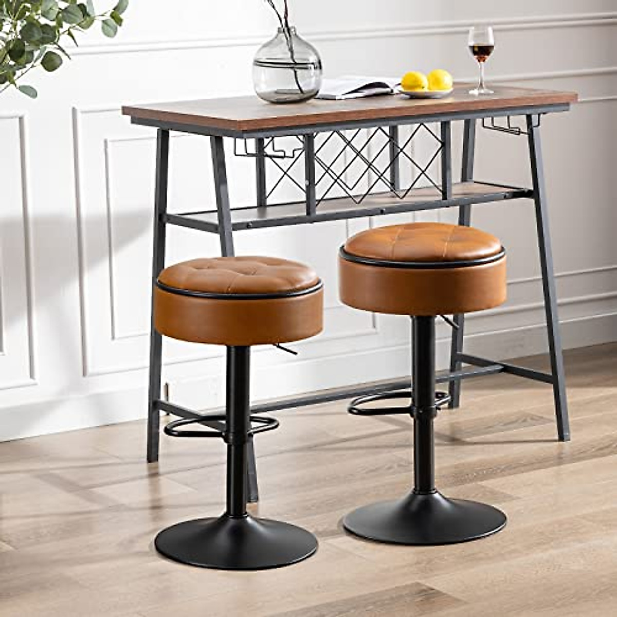 Round Storage Bar Stool Set of 2,Faux Leather Height Adjustable Barstool, 360°Counter Height Swivel Stool, Armless Bar Chair with Metal Frame for Kitchen Counter Dining Living Room Whiskey Brown